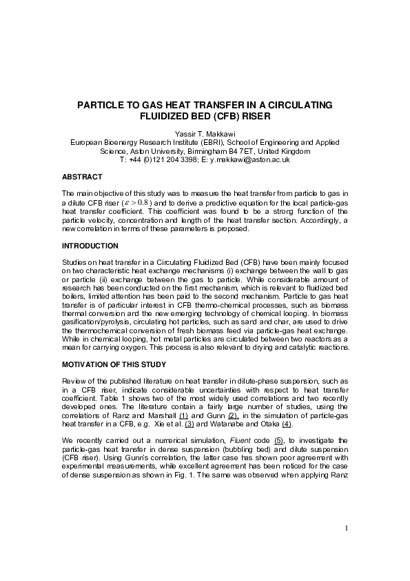 (PDF) Particle to Gas Heat Transfer Coefficient in a Circulating Fluidized Bed Riser