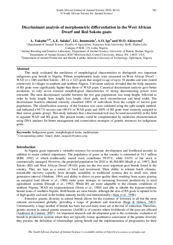 (PDF) Discriminant analysis of morphometric differentiation in the West African Dwarf and Red ...