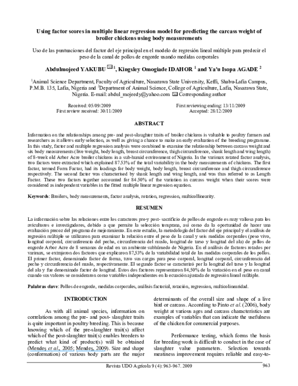 Pdf Using Factor Scores In Multiple Linear Regression Model For Predicting The Carcass Weight