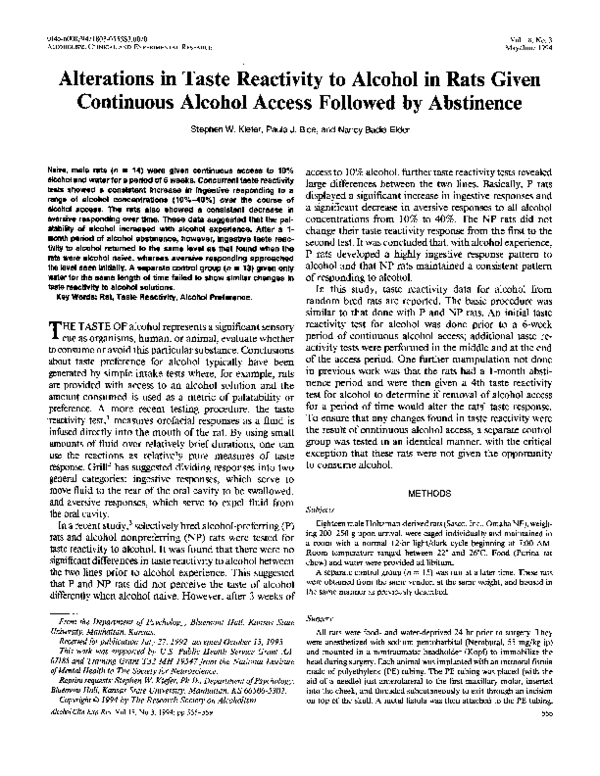 (PDF) Alterations in Taste Reactivity to Alcohol in Rats Given ...