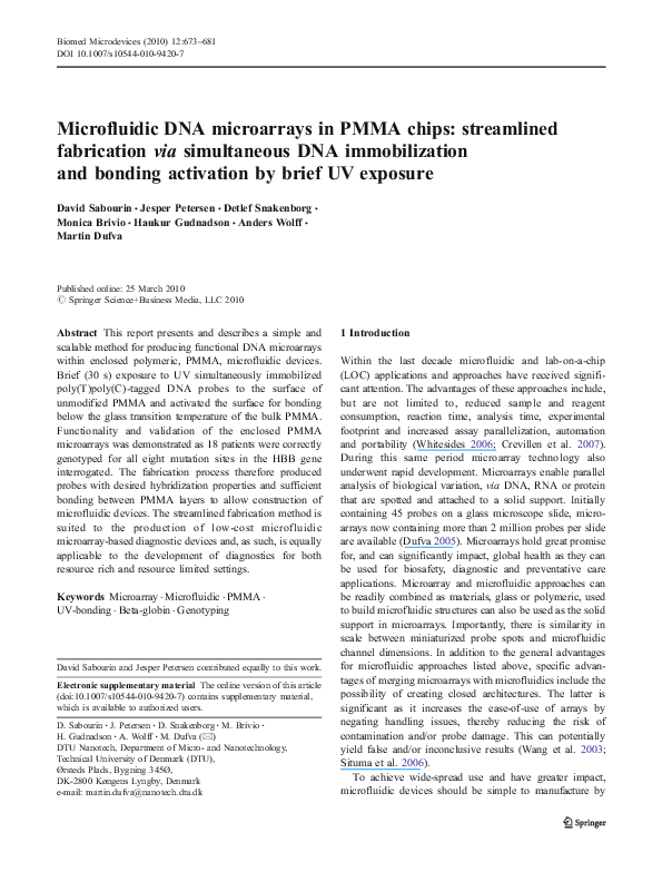 (PDF) Microfluidic DNA microarrays in PMMA chips: streamlined fabrication via simultaneous DNA ...