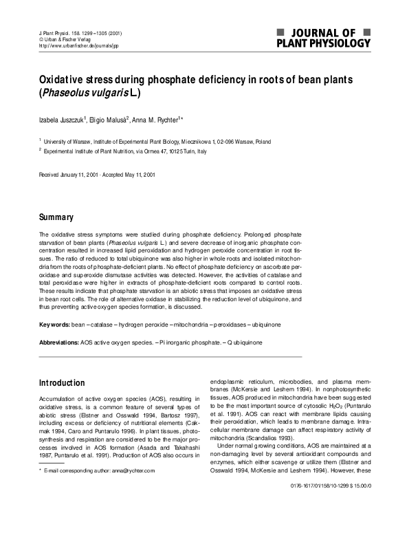 (PDF) Oxidative stress during phosphate deficiency in roots of bean plants ( Phaseolus vulgaris L