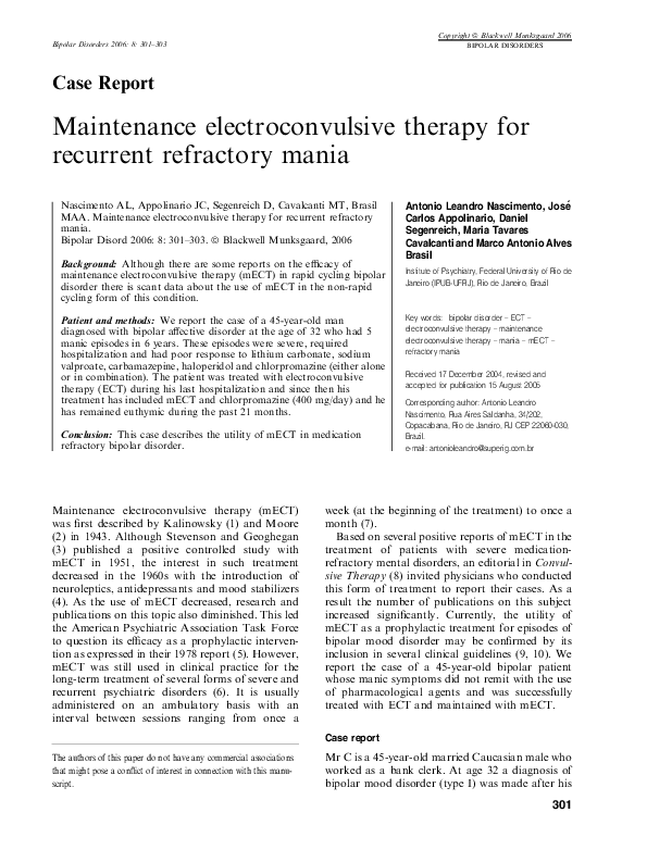 (PDF) Maintenance electroconvulsive therapy for recurrent refractory mania