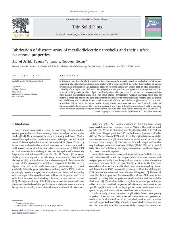 (PDF) Fabrication of discrete array of metallodielectric nanoshells and their surface plasmonic ...