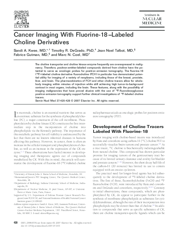 (PDF) Cancer Imaging With Fluorine-18–Labeled Choline Derivatives