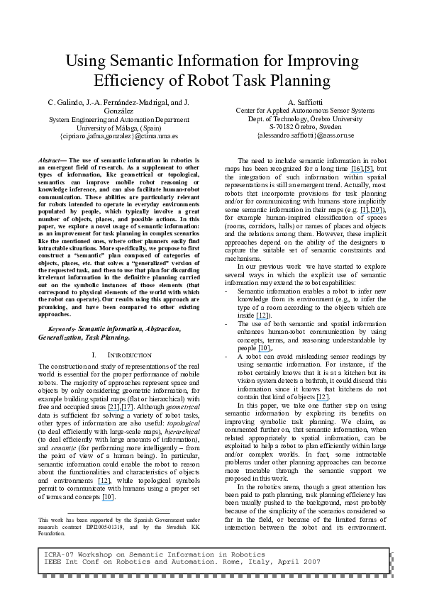 (PDF) Using semantic information for improving efficiency of robot task planning