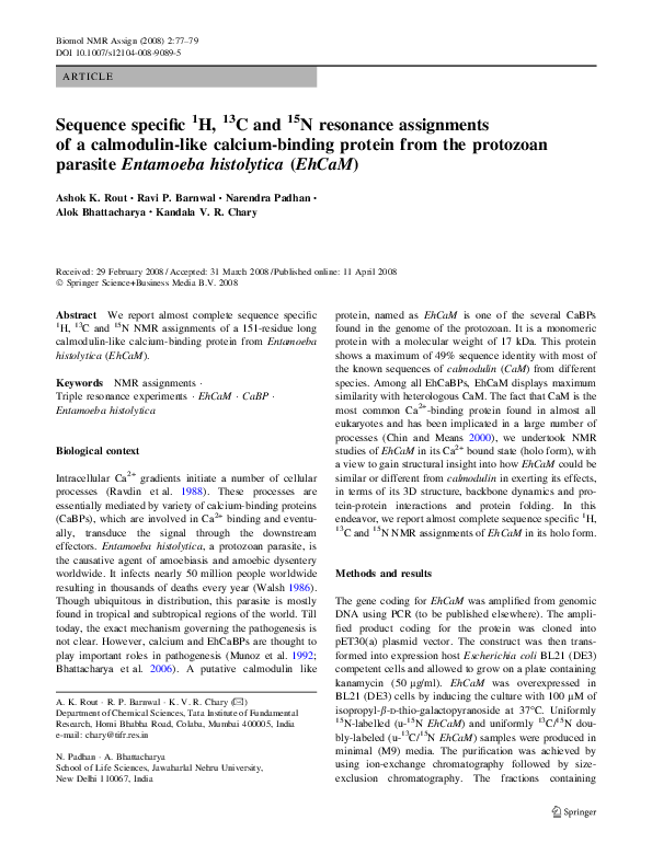 (PDF) Sequence specific 1 H, 13 C and 15 N resonance assignments of a calmodulin-like calcium ...
