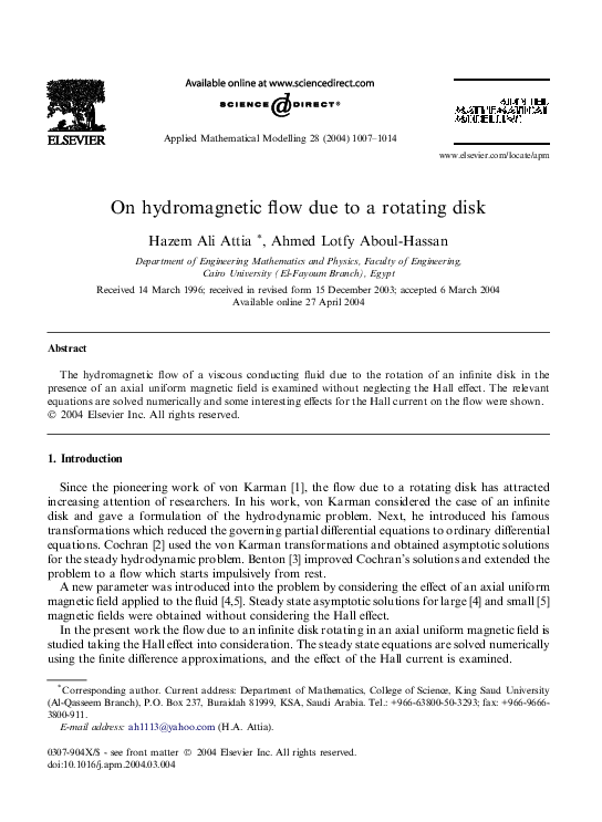 (PDF) On hydromagnetic flow due to a rotating disk