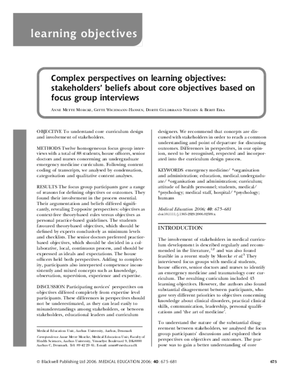 (PDF) Complex perspectives on learning objectives: stakeholders ...