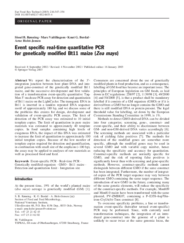 (PDF) Event specific real-time quantitative PCR for genetically modified Bt11 maize ( Zea mays