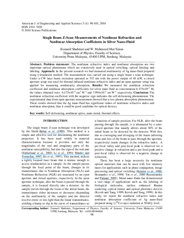 Pdf Single Beam Z Scan Measurements Of Nonlinear Refraction And