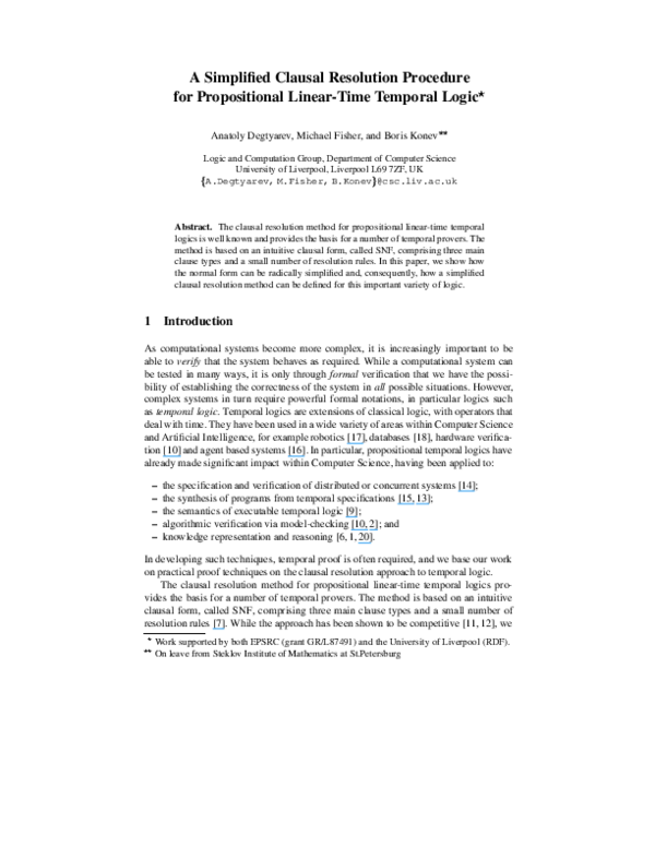 (PDF) A Simplified Clausal Resolution Procedure for Propositional Linear-Time Temporal Logic