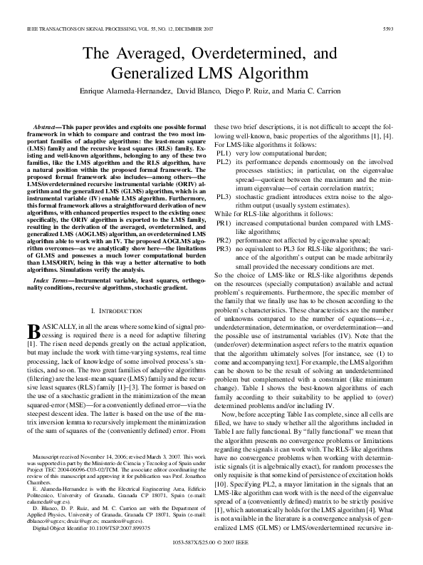 Pdf The Averaged Overdetermined And Generalized Lms Algorithm