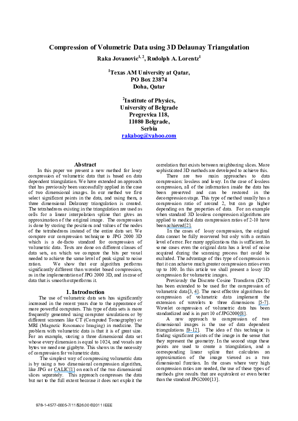 (PDF) Compression of volumetric data using 3D Delaunay triangulation