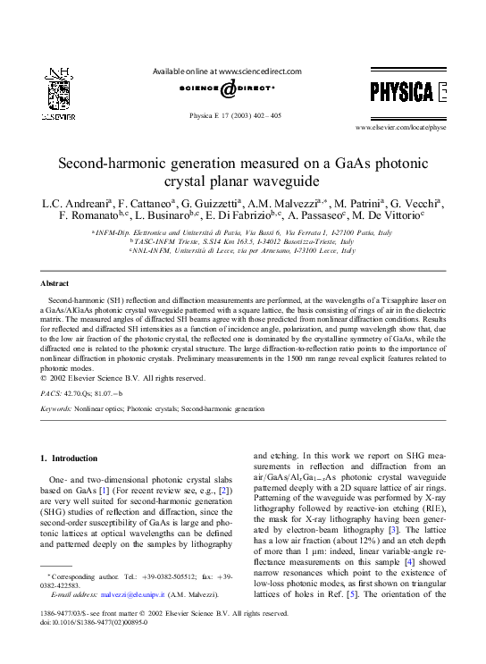 (PDF) Second-harmonic generation measured on a GaAs photonic crystal planar waveguide