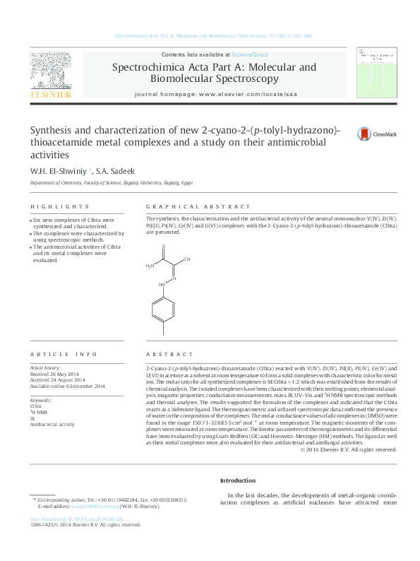 (PDF) Synthesis and characterization of new 2-cyano-2-(p-tolyl-hydrazono)- thioacetamide metal ...