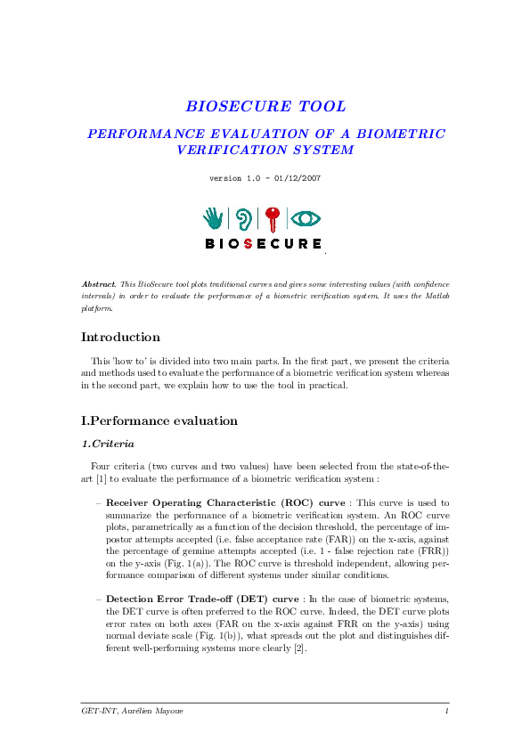 Pdf Biosecure Tool Performance Evaluation Of A Biometric Verification
