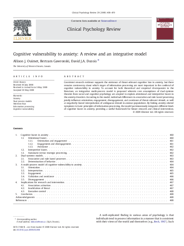 (PDF) Cognitive vulnerability to anxiety: A review and an integrative model