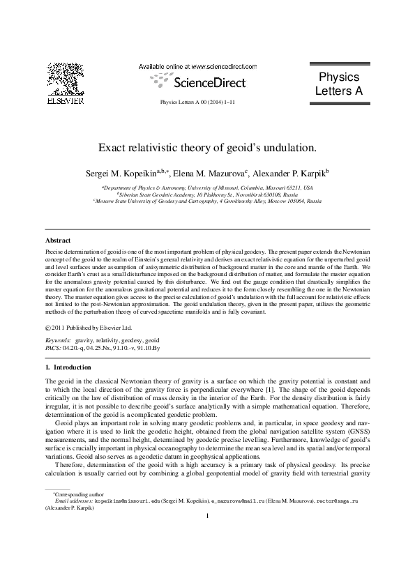 (PDF) Exact relativistic theory of geoid's undulation