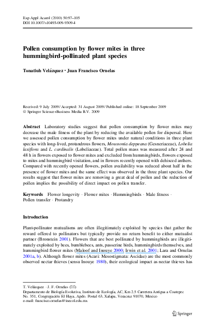 (PDF) Pollen consumption by flower mites in three hummingbird ...