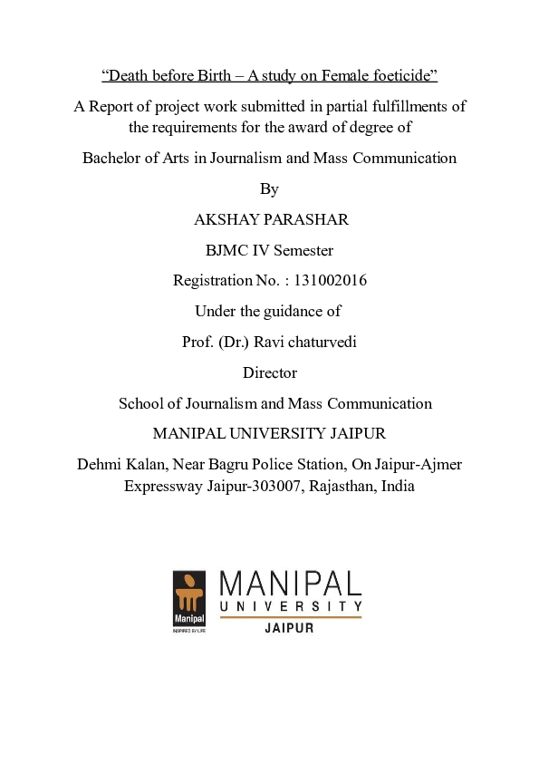 (DOC) " Death before Birth – A study on Female foeticide " A Report of ...