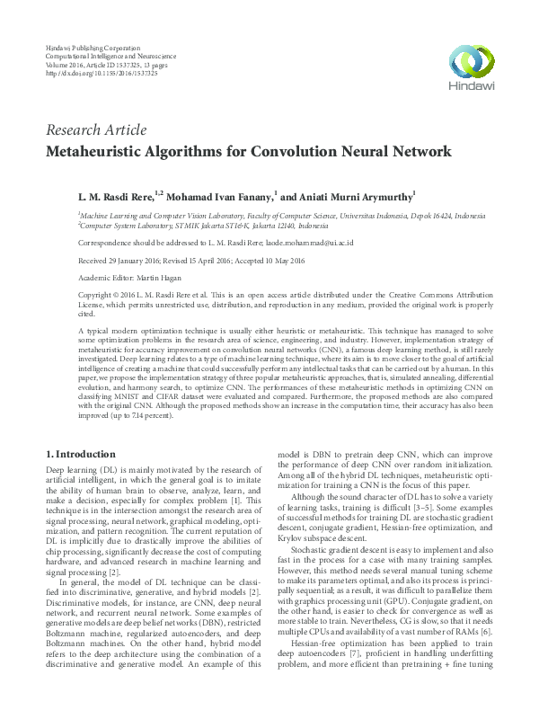 Pdf Metaheuristic Algorithms For Convolution Neural Network
