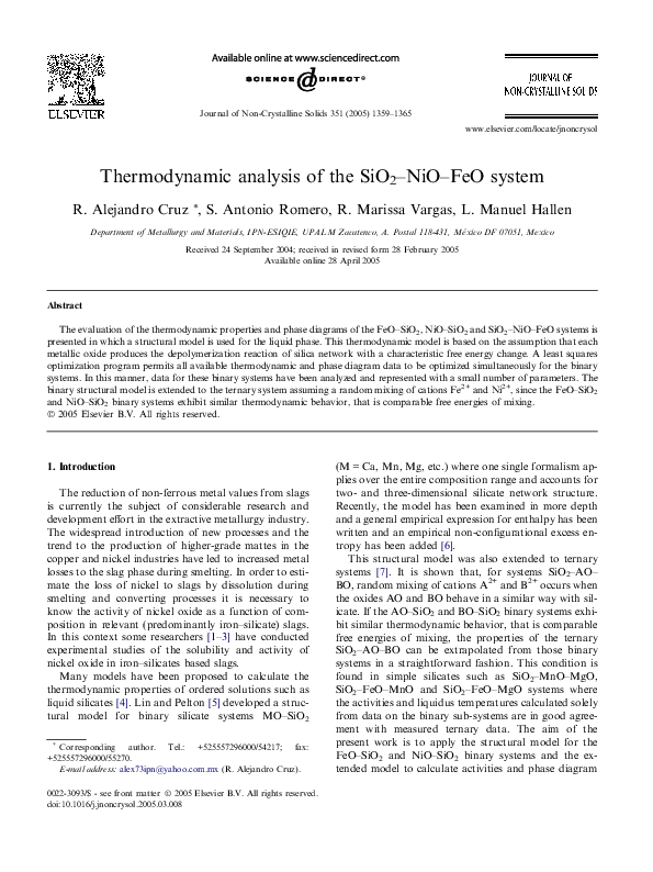 (PDF) Thermodynamic analysis of the SiO 2–NiO–FeO system