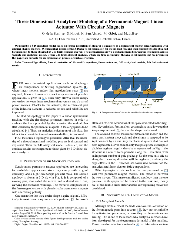 Pdf Three Dimensional Analytical Modeling Of A Permanent Magnet Linear Actuator With Circular
