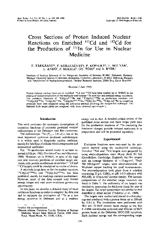 (PDF) Cross sections of proton induced nuclear reactions on enriched ...
