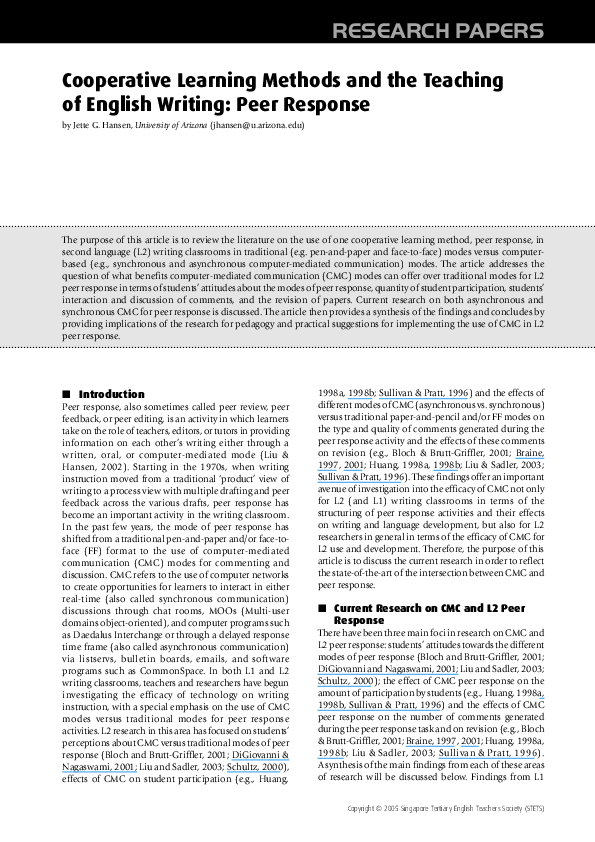 (PDF) Cooperative Learning Methods and the Teaching of English Writing: Peer Response