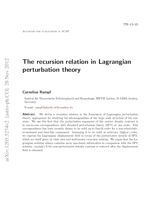 (PDF) The recursion relation in Lagrangian perturbation theory