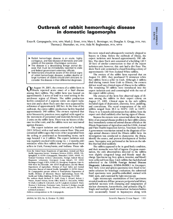 (PDF) Outbreak of rabbit hemorrhagic disease in domestic lagomorphs