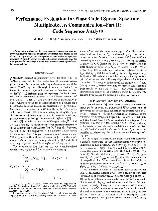 Pdf Performance Evaluation For Phase Coded Spread Spectrum Multiple Access Communication Part