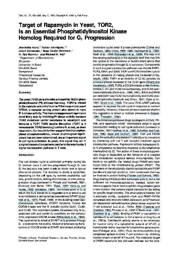 (PDF) Target of rapamycin in yeast, TOR2, is an essential ...