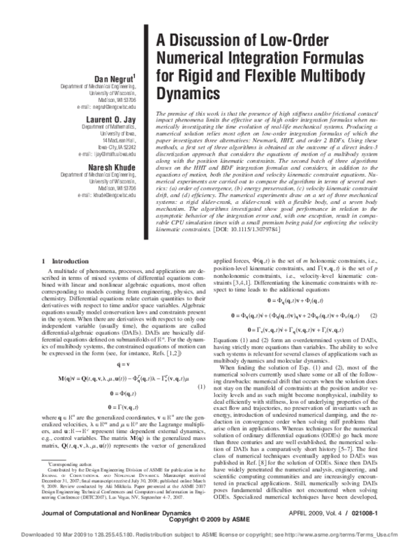 Pdf A Discussion Of Low Order Numerical Integration Formulas For Rigid And Flexible Multibody 3966