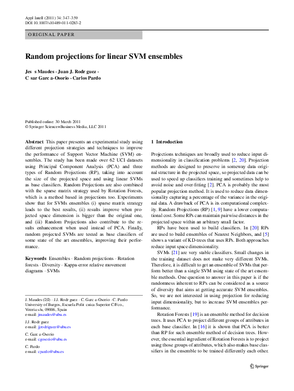 Pdf Random Projections For Linear Svm Ensembles