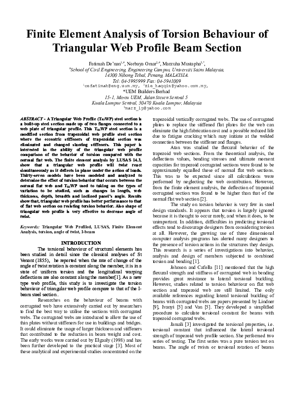 Doc Finite Element Analysis Of Torsion Behaviour Of Triangular Web