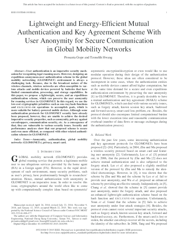 Pdf Lightweight And Energy Efficient Mutual Authentication And Key Agreement Scheme With User