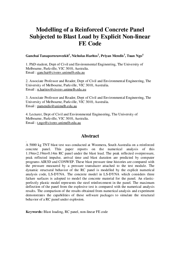 Pdf Modelling Of A Reinforced Concrete Panel Subjected To Blast Load By Explicit Non Linear Fe