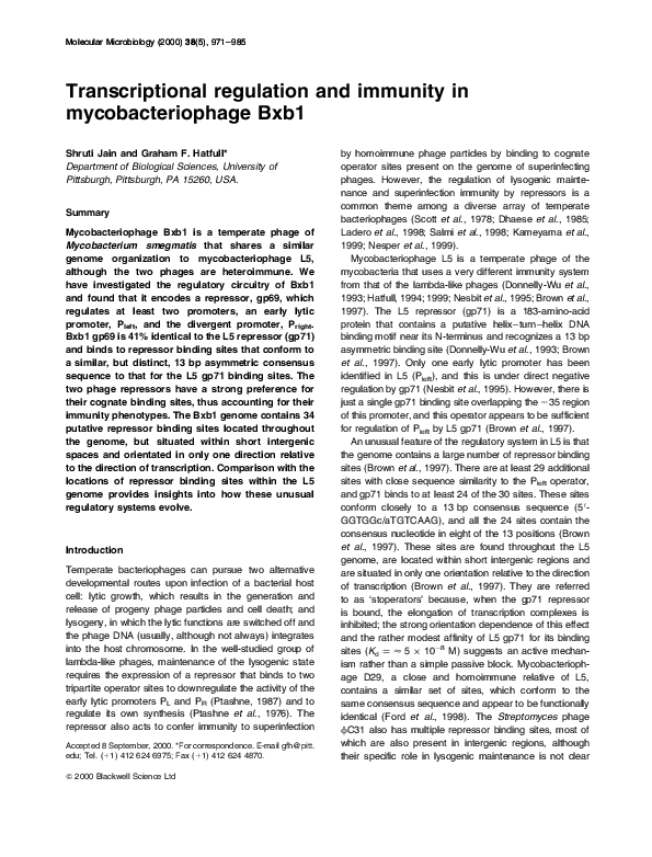 (PDF) Transcriptional regulation and immunity in mycobacteriophage Bxb1 ...