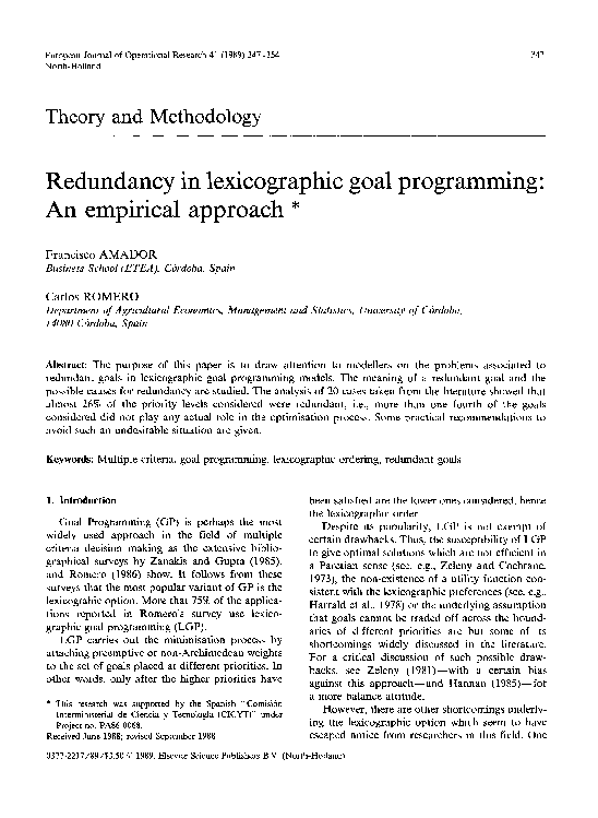 Pdf Redundancy In Lexicographic Goal Programming An Empirical Approach