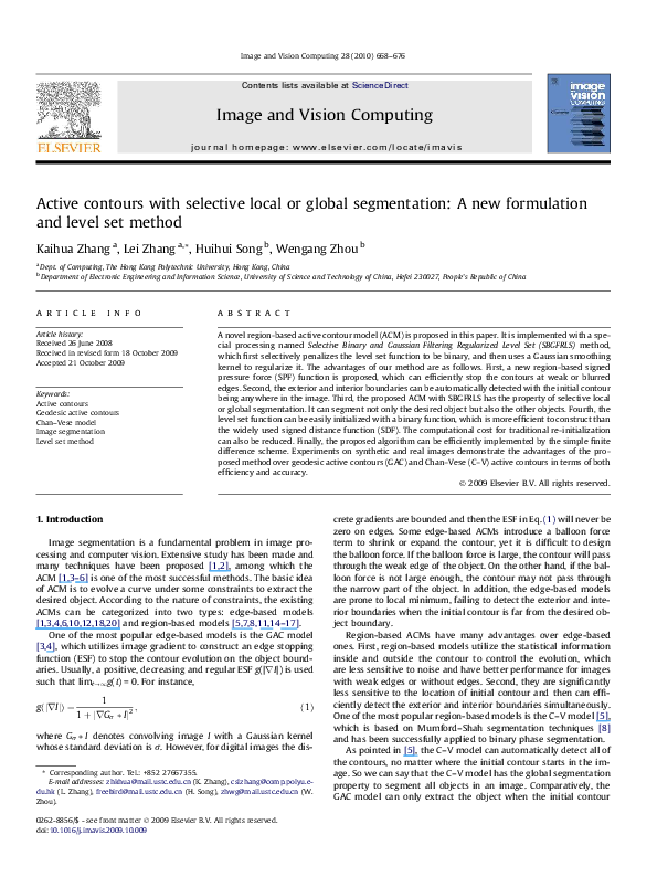 Pdf Active Contours With Selective Local Or Global Segmentation A