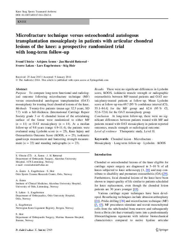 (PDF) Microfracture technique versus osteochondral autologous transplantation mosaicplasty in ...