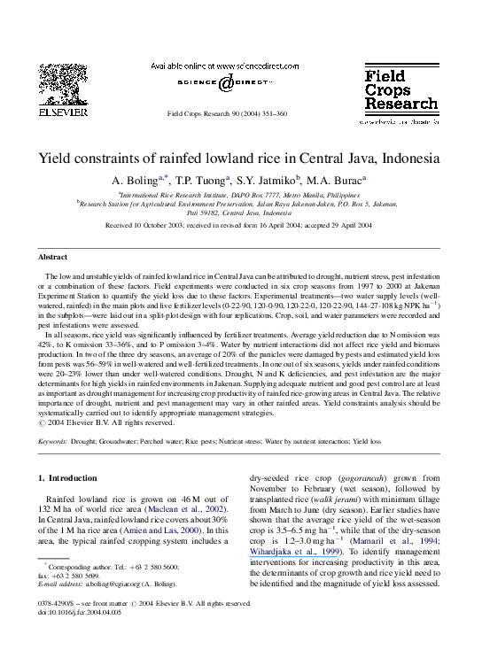 (PDF) Yield constraints of rainfed lowland rice in Central Java, Indonesia