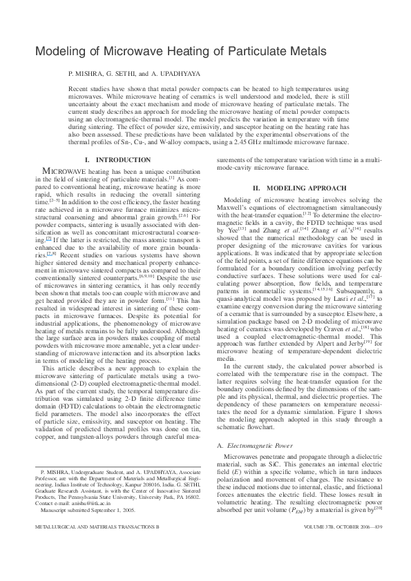 (PDF) Modeling of microwave heating of particulate metals