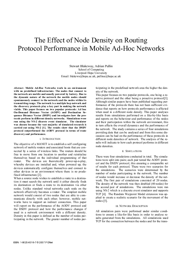 Pdf The Effect Of Node Density On Routing Protocol Performance In Mobile Ad Hoc Networks