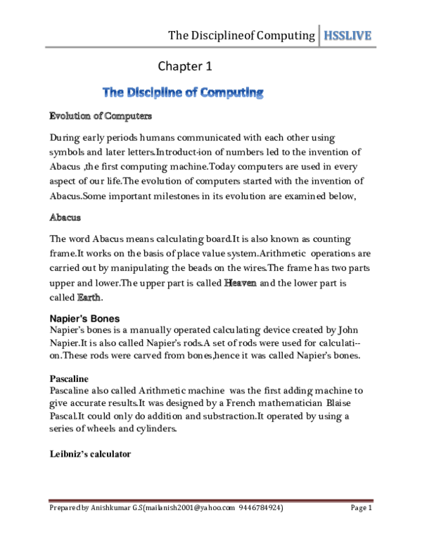 (PDF) The Disciplineof Computing HSSLIVE Evolution of Computers
