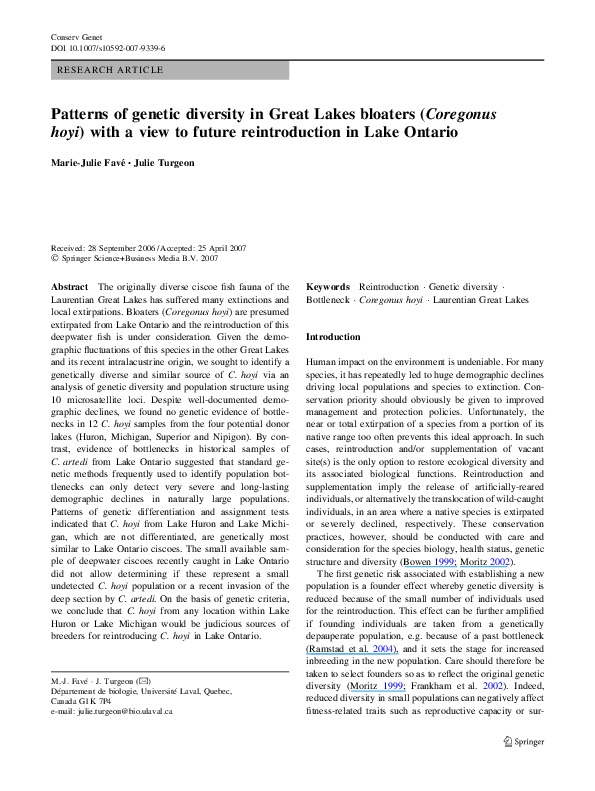 (PDF) Patterns of genetic diversity in Great Lakes bloaters ( Coregonus ...