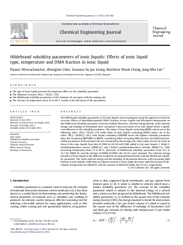 Hildebrand solubility parameters of ionic liquids: Effects of ionic ...
