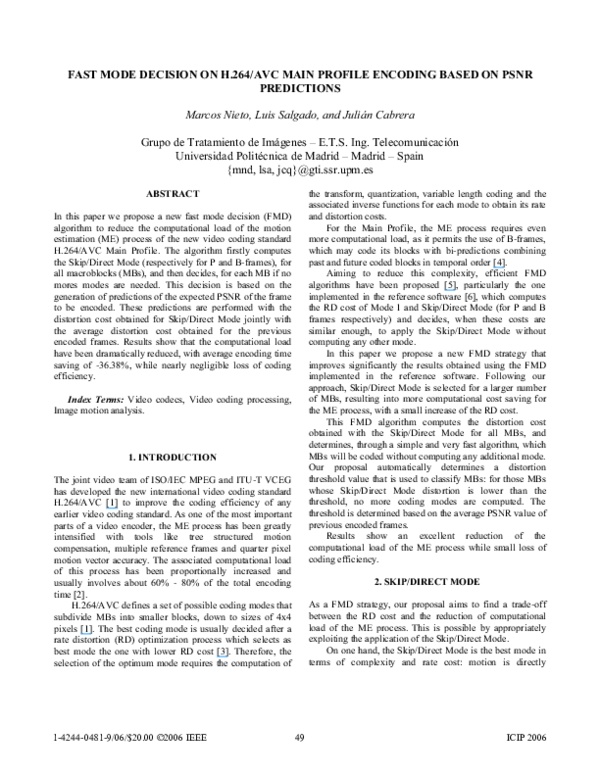 Pdf Efficient Mode Decision In H 264 Avc Via Psnr Forecasting